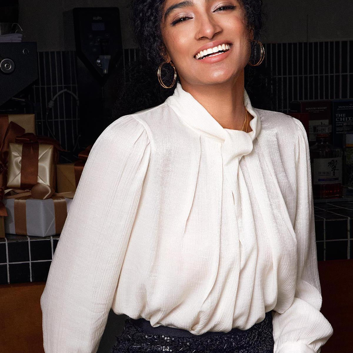 ASOBIO Women’s Long-Sleeve Pleated Stand Collar Blouse | Lightweight Bamboo Fiber Top