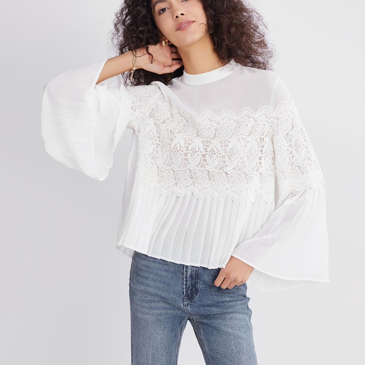 ASOBIO Pleated Chiffon Lace-Panel Blouse