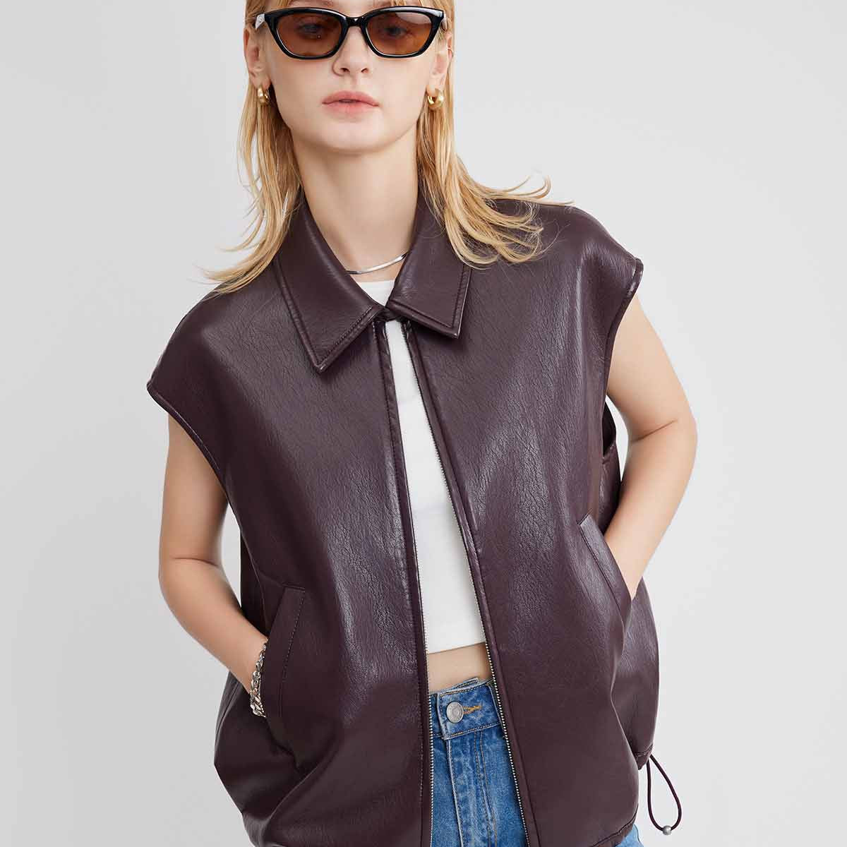 ASOBIO Faux Leather Collared Vest